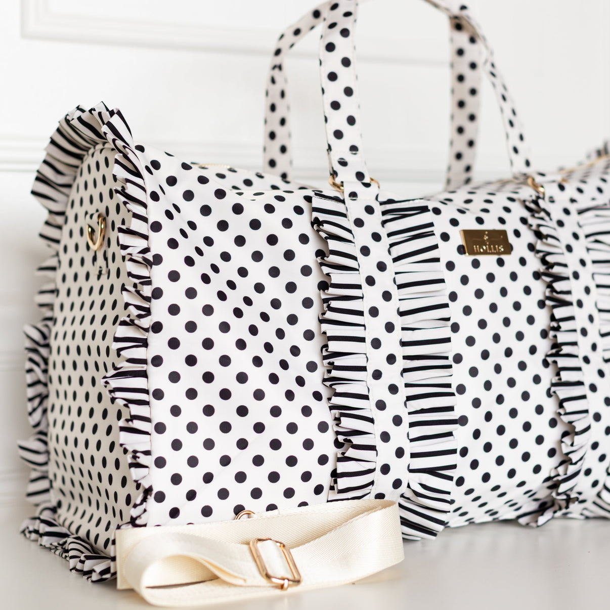 Polka Stripe Ruffled Nylon Weekender – Cute Travel Bag | HOLLIS – Hollis
